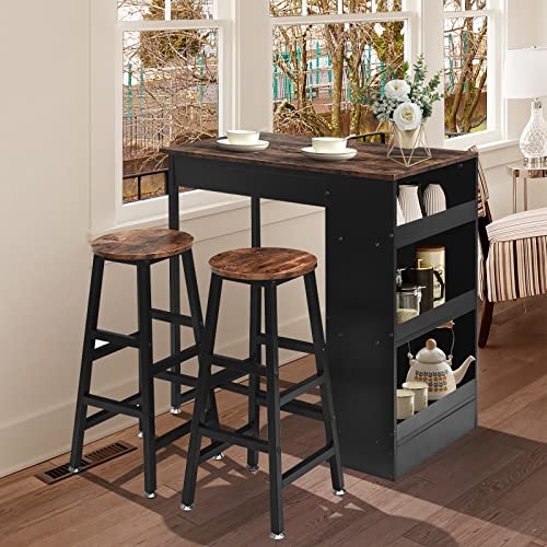 COSTWAY 3 Pieces Bar Table and Chairs Set, Counter Height Dining Table with 2 Bar Stools and 3 Shelves, Industrial Pub Kitchen Table Set for Living Room, Restaurant, Bar, Brown