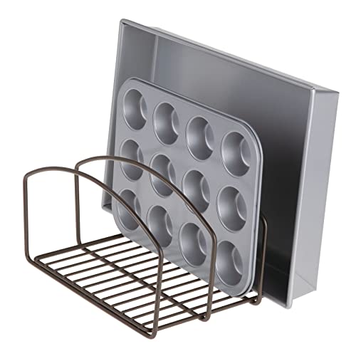 mDesign Steel Cookware Holder, Storage Organizer Rack with Three Slots for Kitchen Cabinet, Pantry, Holds Pans, Pots, Lids, Cookie Sheets, Cutting Boards - Concerto Collection - Bronze