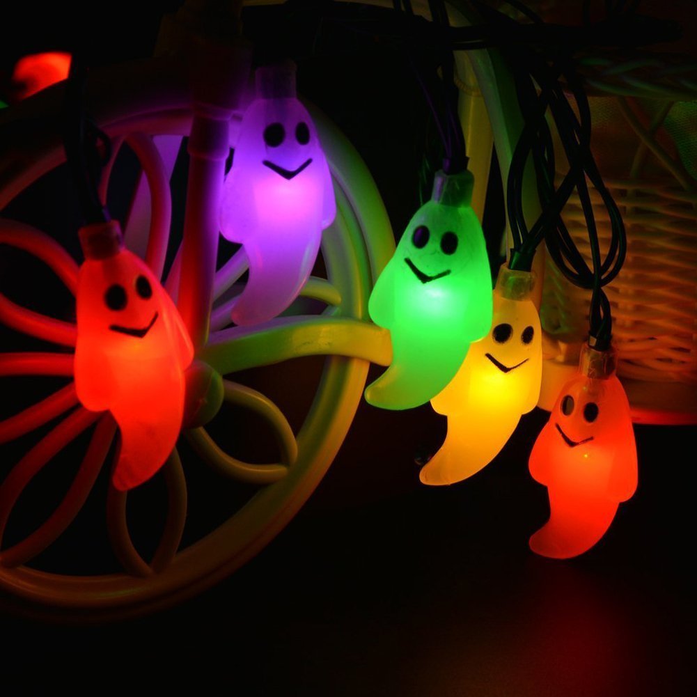 DINOWIN Halloween Ghosts Lights, Solar Ghost String 16ft 20 LED Ghost Fairy String Lights Waterproof for Home Indoor Garden Lawn Patio Trees Weddings (Multicolor)