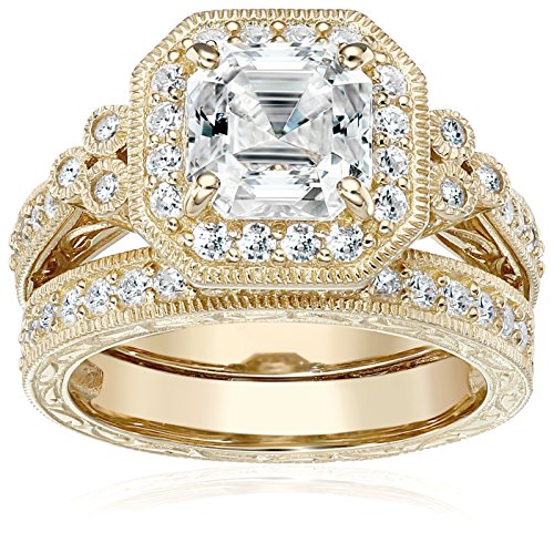 Amazon Essentials Yellow-Gold-Plated Sterling Silver Antique Ring set with Asscher-Cut Infinite Elements Cubic Zirconia, Size 9, (previously Amazon Collection)