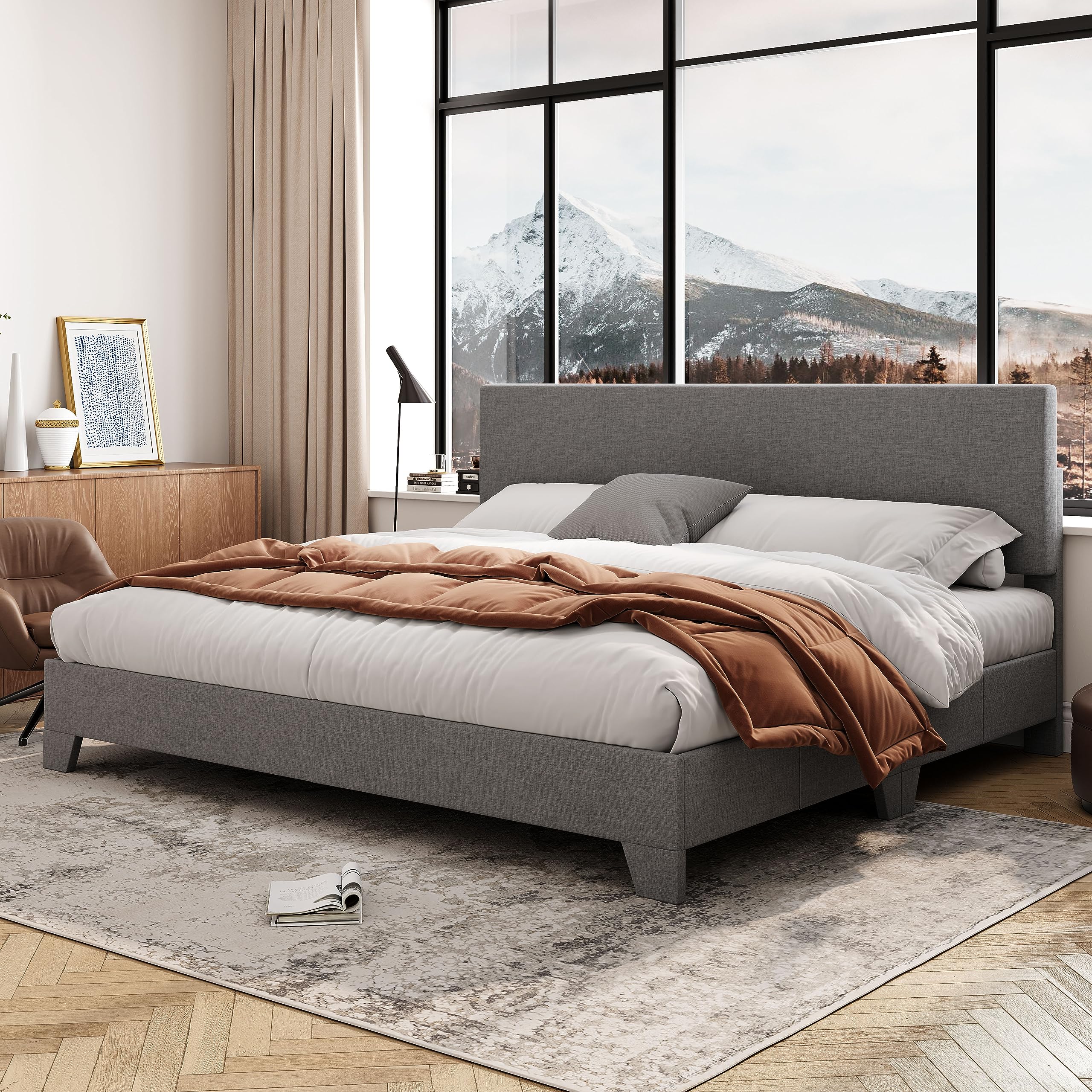 Allewie King Size Platform Bed Frame with Adjustable Upholstered Headboard, Strong Wood Slats, Heavy Duty Mattress Foundation, No Box Spring Needed, Noise-Free, Easy Assembly, Light Grey
