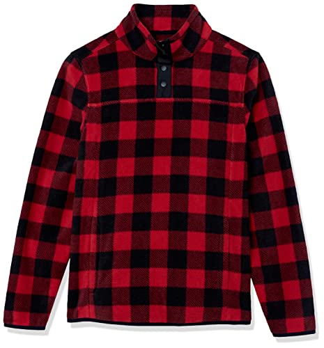 Amazon Essentials Women's Polar Fleece Long-Sleeve Mock Neck Relaxed-Fit Popover Jacket with Pockets, Black Red Buffalo Plaid, X-Large