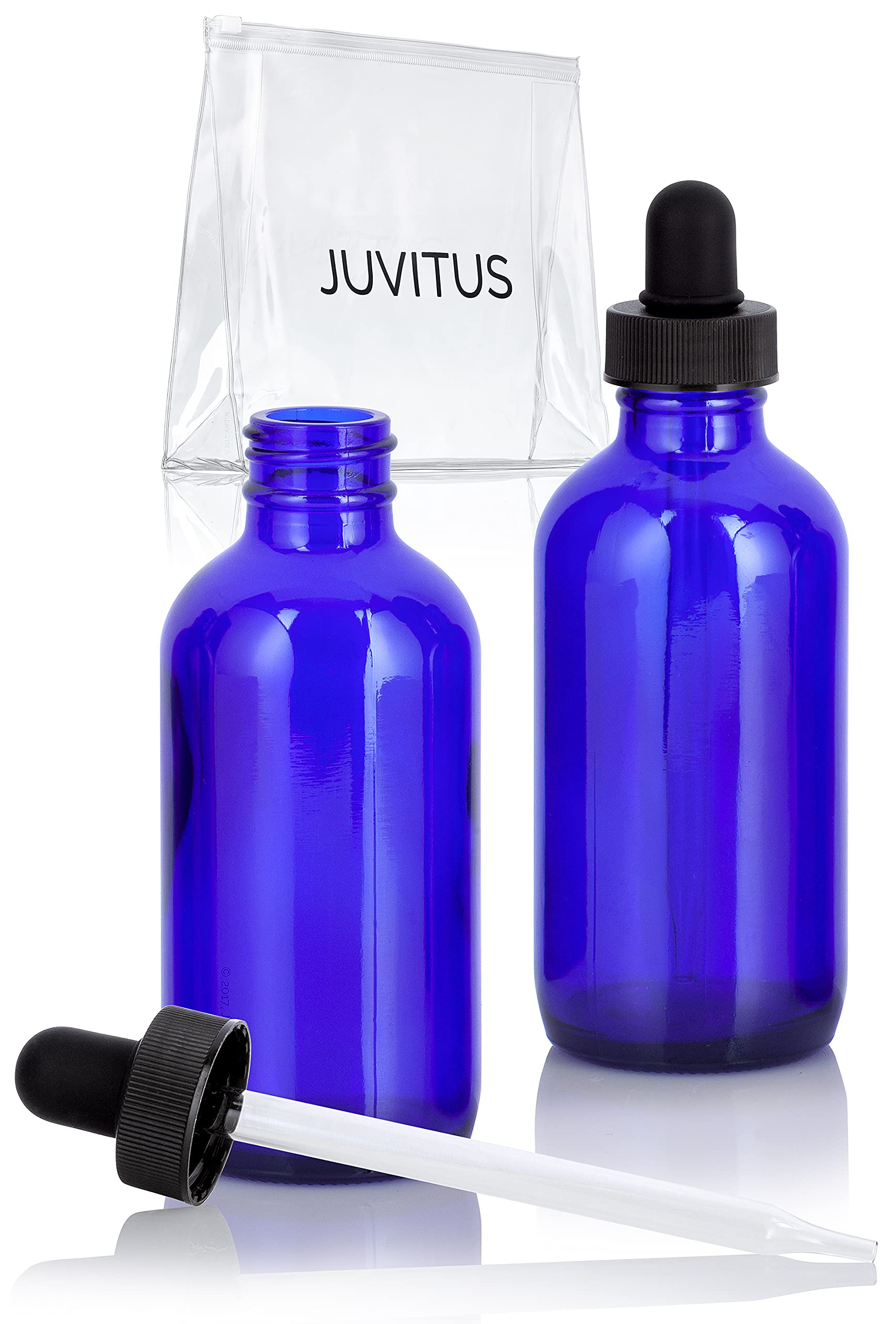JUVITUS 4 oz / 120 ml Cobalt Blue Glass Boston Round Bottle with Black Dropper (2 Pack) + Clear Travel Bag