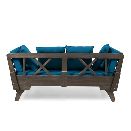 Christopher Knight Home Aldrich Outdoor Acacia Wood Expandable Daybed with Water Resistant Cushions, Dark Teal and Gray