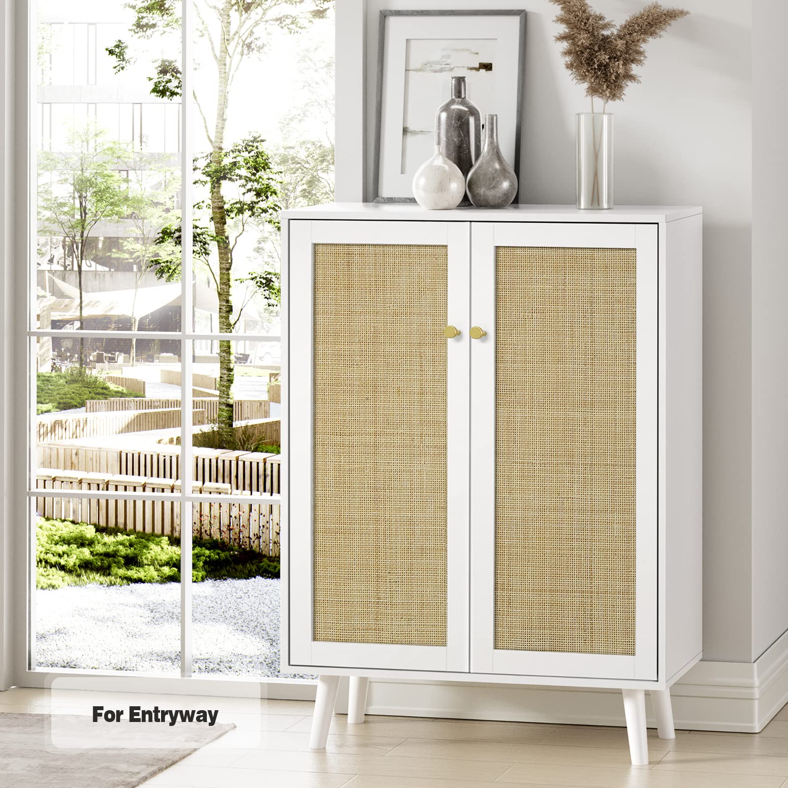 Anmytek Rattan Cabinet, 44" H Tall Sideboard Storage Cabinet with Crafted Rattan Front, Entryway Shoe Cabinet Wood 2 Door Accent Cabinet with Adjustable Shelves White, H0086