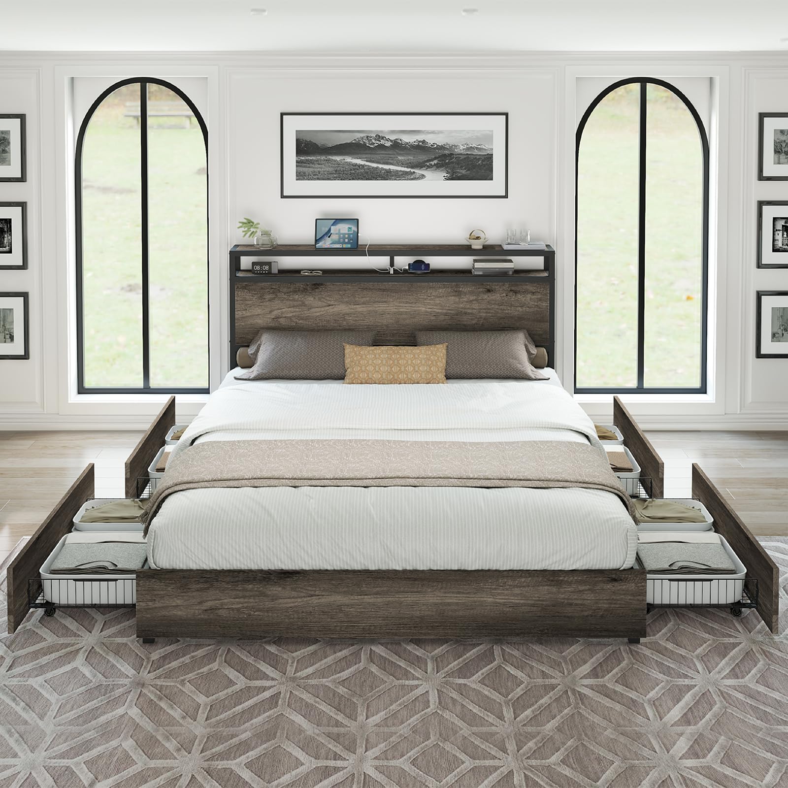 AMERLIFE King Size Storage Bed Frame, Wooden Platform Bed with Charging Station, 4 Drawers & Headboard/No Box Spring Needed/Noise-Free/Rustic Grey