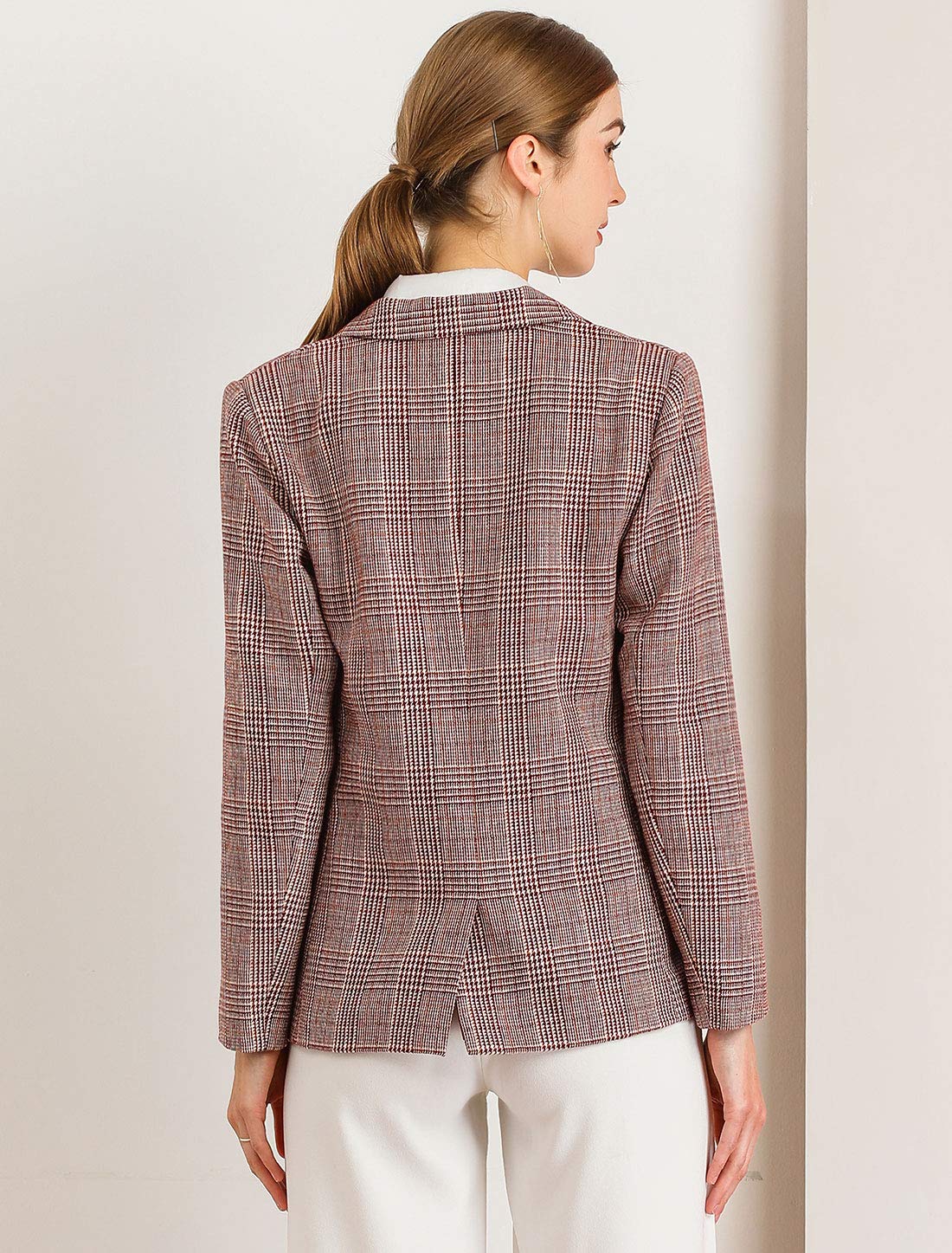 Allegra K Women's Notched Lapel One Button Boyfriend Blazer Suit Plaid Blazer Jacket Small Burgundy