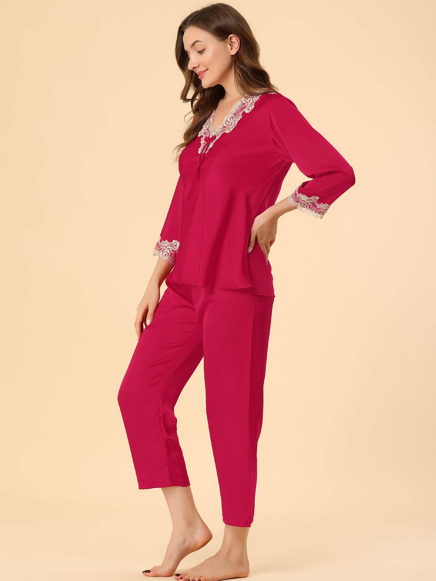 Allegra K Women’s Pajama Sets Sleepwear Soft Female Night Suit Lounge Sets Small Red
