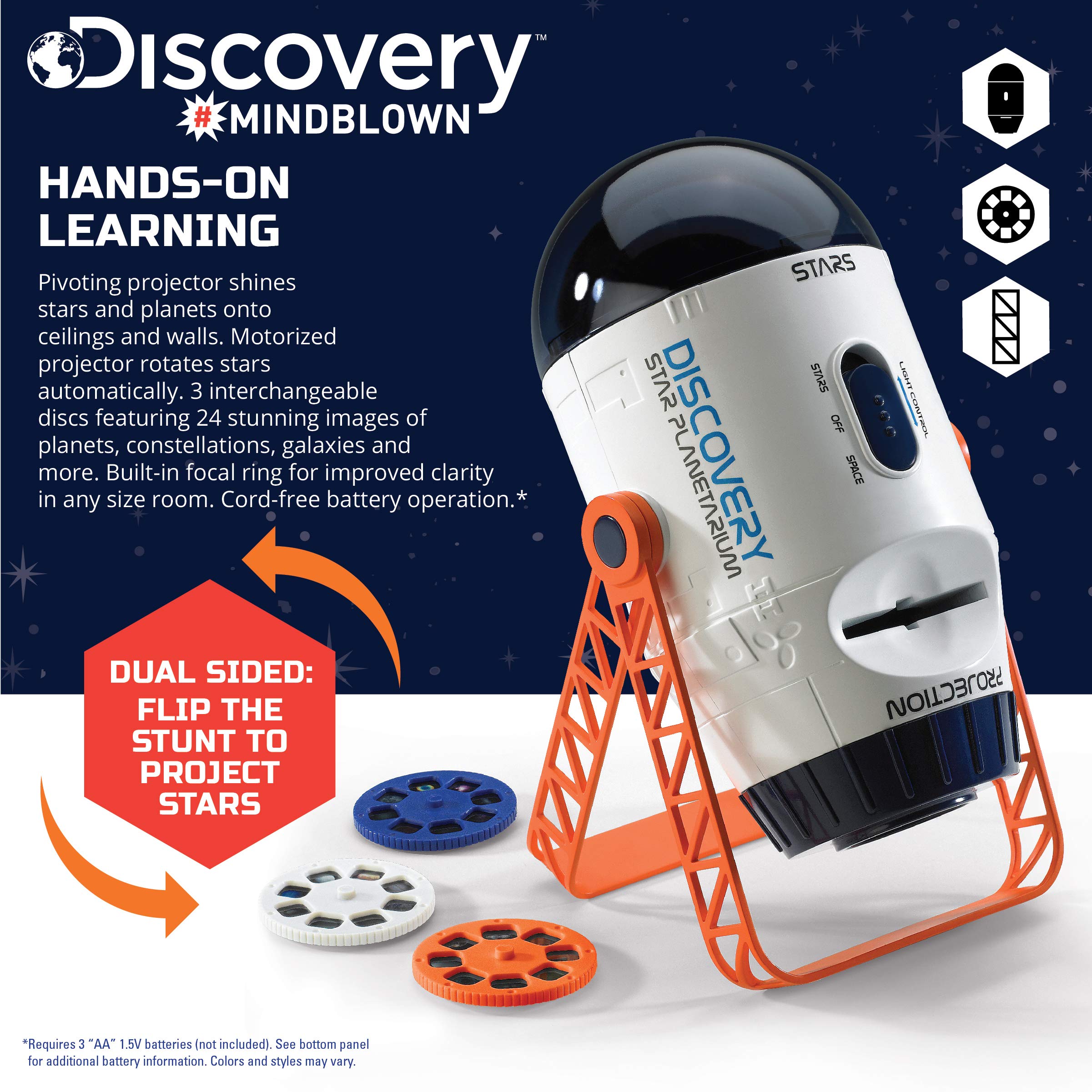 Discovery #MINDBLOWN 2-in-1 Reversible Planetarium Space Projector, 24 Images, 360-Degree Rotation, Moving Stars and Stationary Modes, Displays Planets Nebula Stars Constellations, Kids Astronomy Toy