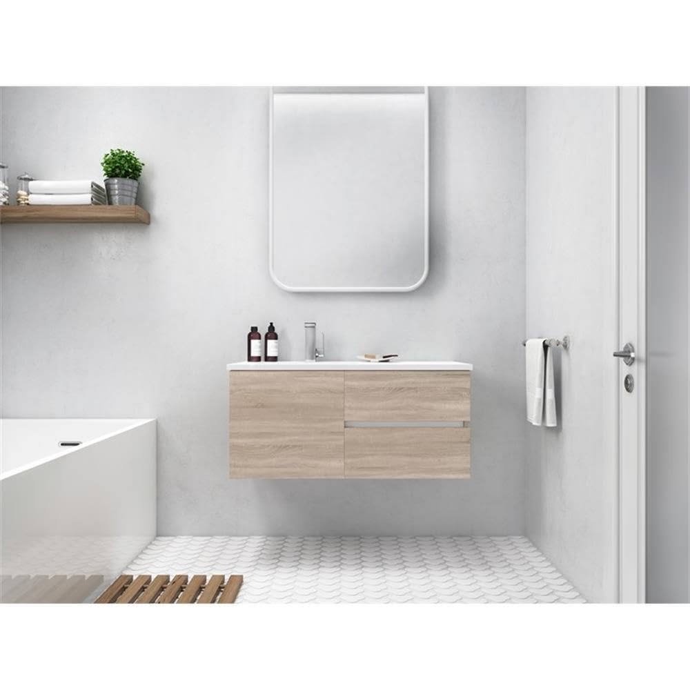 Cutler Kitchen and Bath Beachwood 42 inch Wall Mounted Bathroom Vanity with Sink, Cultured Marble Top - Integrated Bathroom Sink Vanity with Multiple Soft Close Storage Drawers, Organic