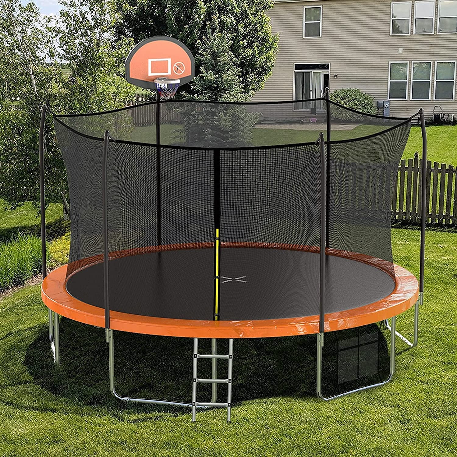 AOTOB 15FT Trampoline with Safety Enclosure Net, Outdoor Trampoline with Basketball Hoop,Heavy Duty Jumping Mat and Spring Cover Padding for Kids and Adults, Storage Bag and Ladder