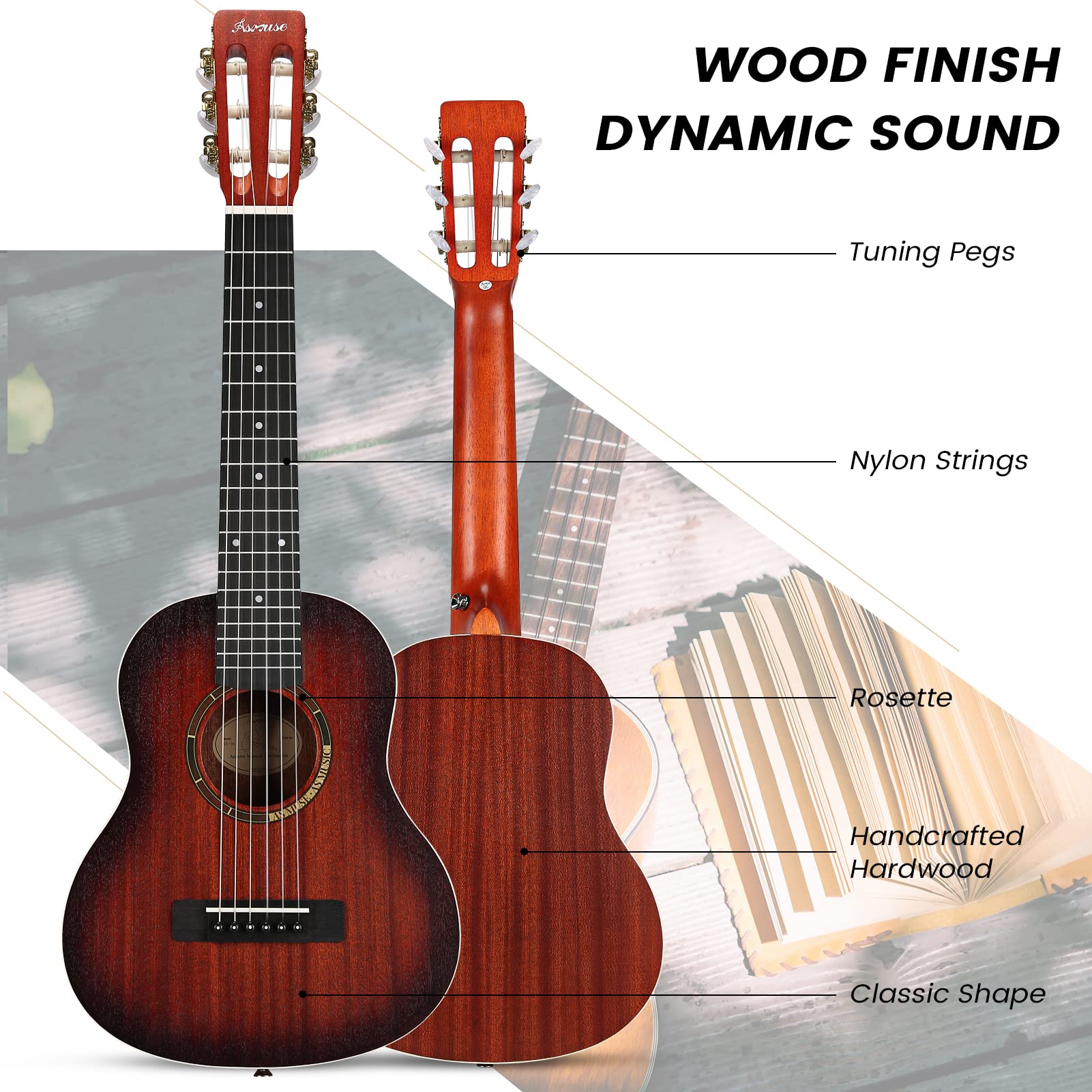 Asmuse 30" Classical Guitar, Soild Wood Beginner Acoustic Guitar Kit with Gig Bag, Extra Strings, Strap, Picks(Sunburst)