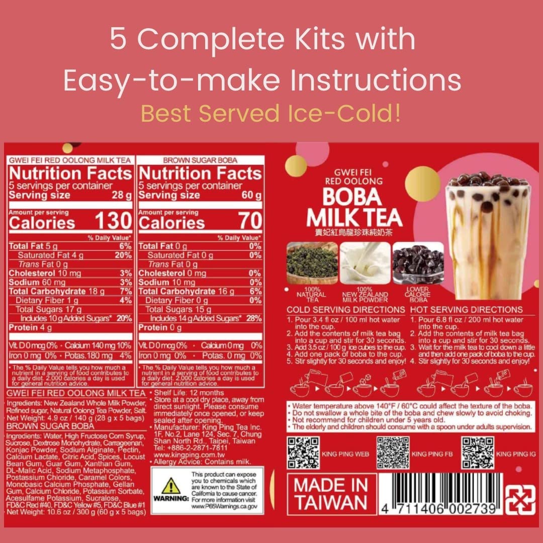 King Ping Best Tea - Oolong Tea Kit with Brown Sugar Boba Pearls, 5 Individual Boba Packets & Milk Tea Powder Packets, 100 Percent Natural Red Oolong Tea - Easy to Make - (5 Servings)