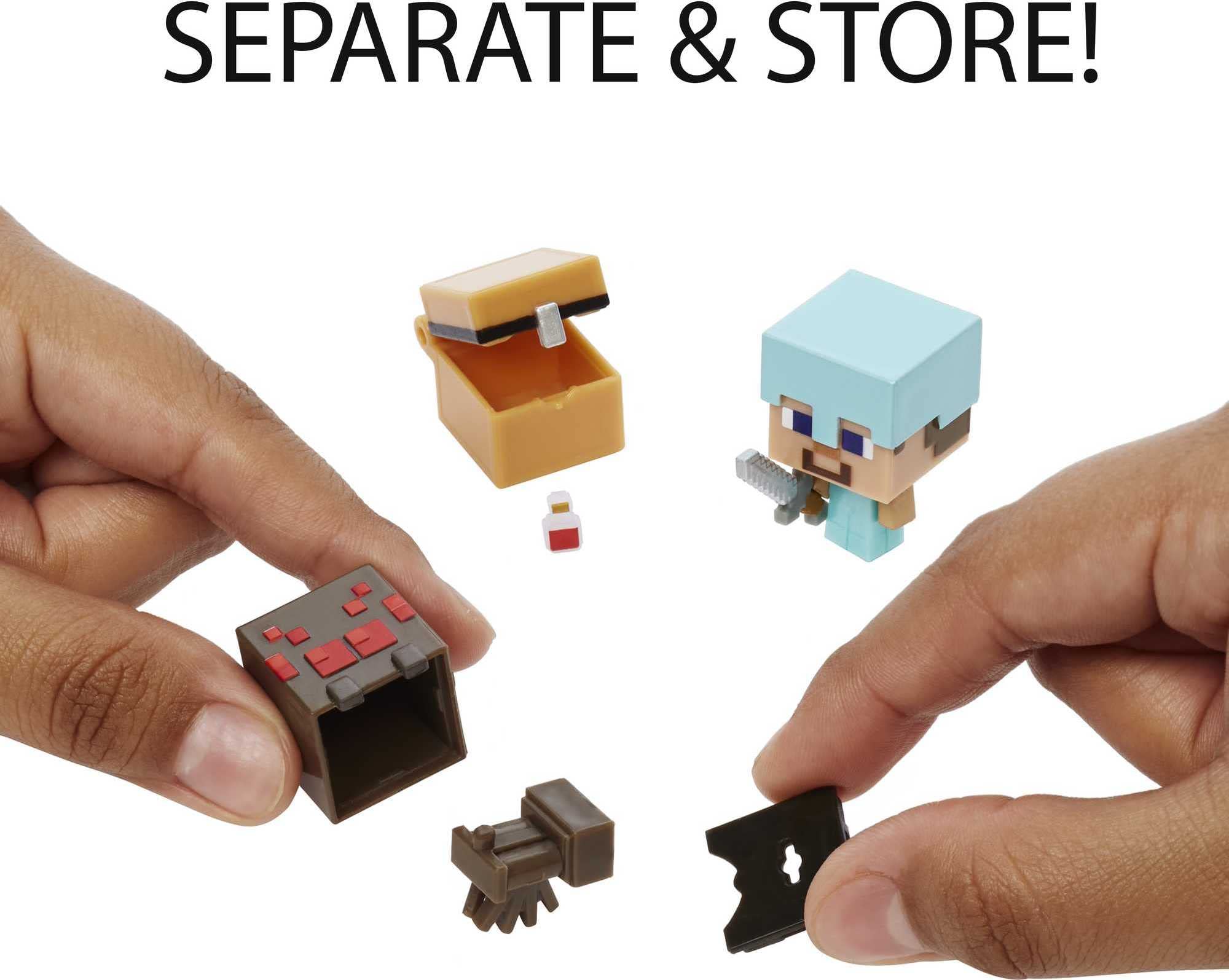 Minecraft Mob Head Minis Spider Slayer Steve Pack with 2 Action Figures & Accessories, Incudes Authentic Pixelated Video-Game Characters Steve & Spider, Collectible Gift for Fans Age 6 Years & Older
