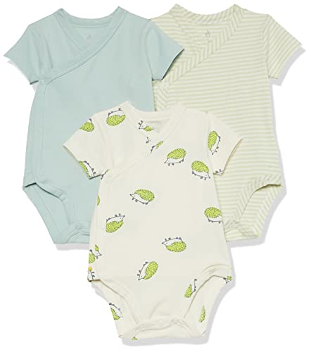 Amazon Essentials Unisex Babies' Cotton Short-Sleeve Side Snap Bodysuit (Previously Amazon Aware), Pack of 3, Beige/Olive Stripe/Pale Blue, Newborn