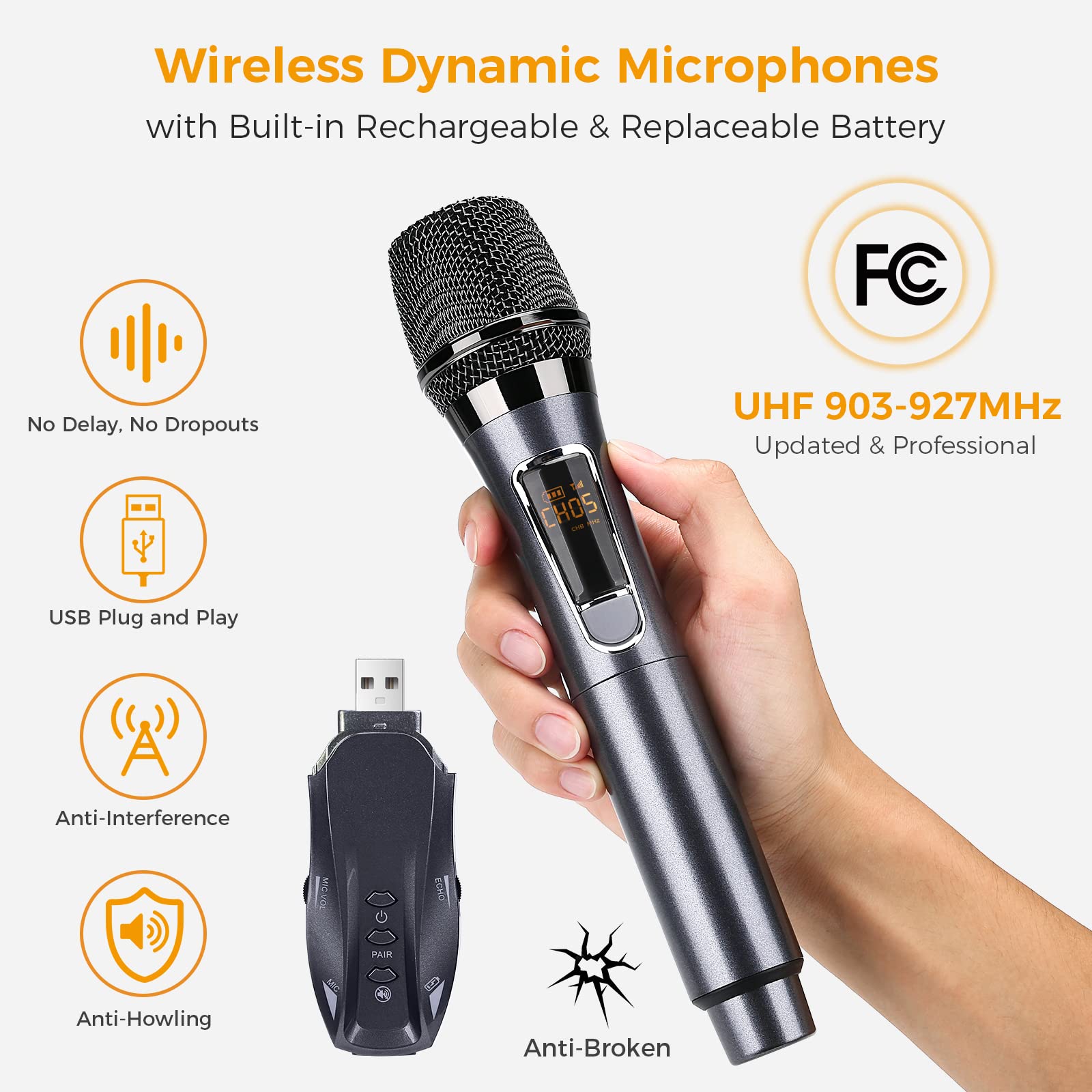 Asmuse Wireless Microphone, Metal UHF Handheld Dynamic Microphone System, Wireless Mic Dual Cordless with USB Rechargeable Receiver, Microphone for Karaoke, Church, Speech, Wedding, Party Singing