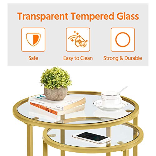 Yaheetech Round Nesting Side Table Stacking Coffee Table, Set of 2 Circular Modern End Tables w/Metal Frame & Tempered Glass Top & Protective Foot Pads for Small Space Living Room Bedroom Office