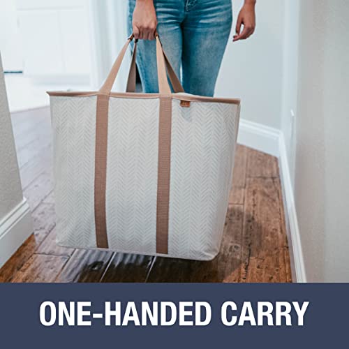 CleverMade Collapsible Laundry Basket, Premium Large Foldable Clothes Hamper, Laundry Tote Carry All Bin XL Pop-Up Caddy with Handles, 2 Pack, Cream Herringbone