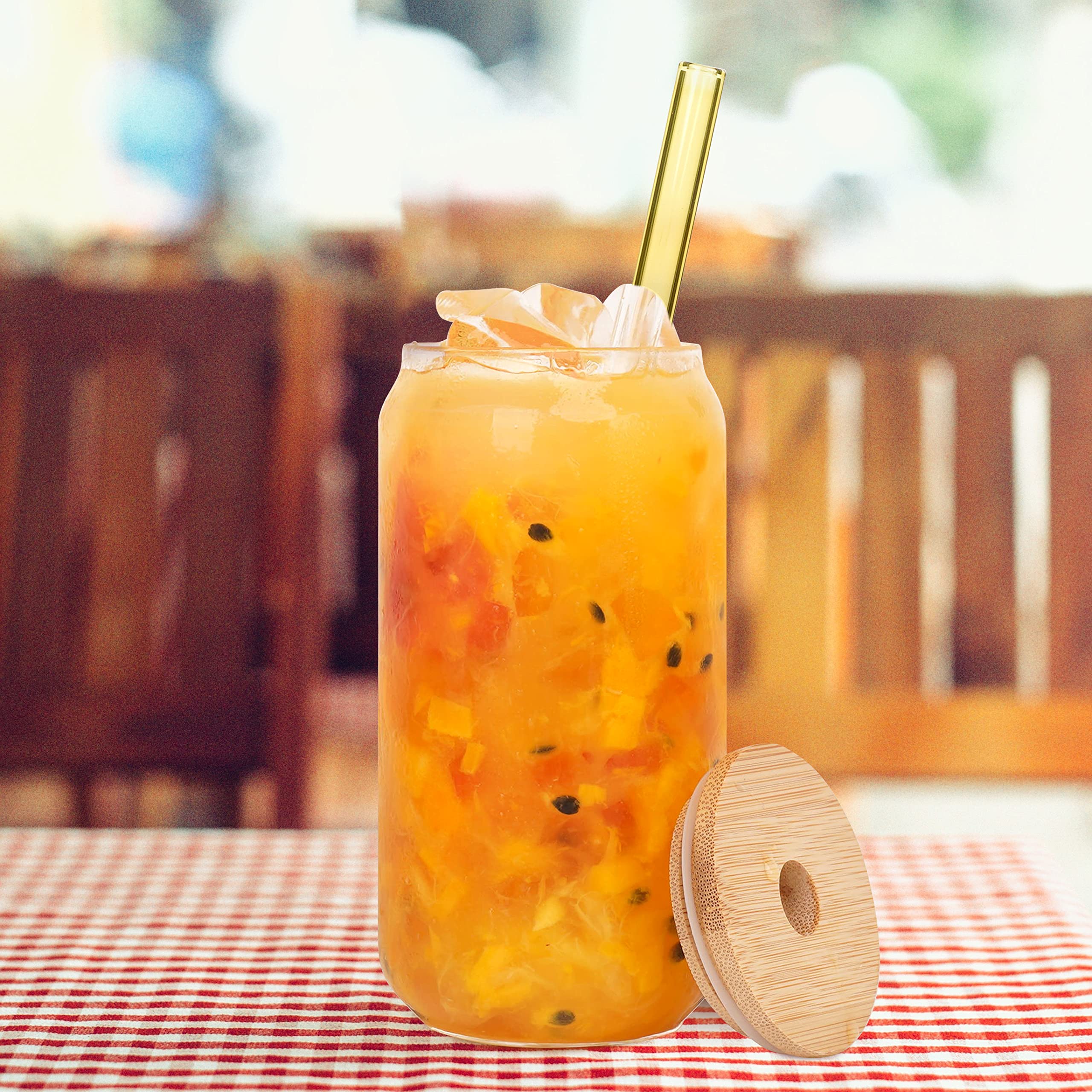 Bamboo Lids for Beer Can Glass, ANOTION Mason Jar Lids with Straw Hole, 4 Reusable Bamboo Mason Jar Drinking Lids for Regular Mouth Mason Jar with 4 Muti-Color Glass Straw for Coffee Boba Cup