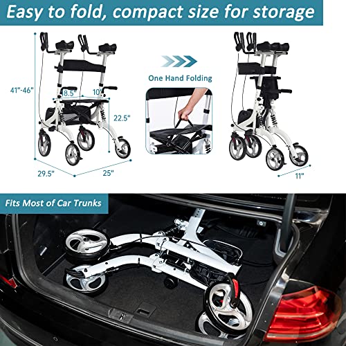 ELENKER Upright Rollator Walker, Stand Up Rollator Walker with Shock Absorber, 10β Front Wheels and Carrying Pouch, Suitable for Outdoor, White