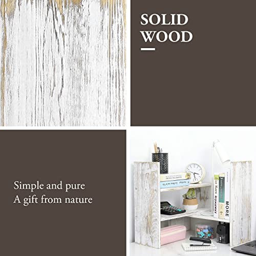 MyGift Adjustable Whitewashed Solid Wood Desktop Storage Organizer Display Shelf Book Rack, Office Desk Bookshelf