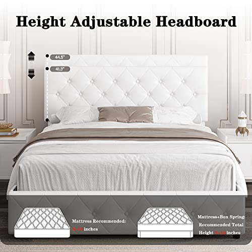 Queen Bed Frame with Storage and Adjustable Headboard, Bed Frame with 4 Drawers and Wooden Slats Support, No Box Spring Needed, PU, White