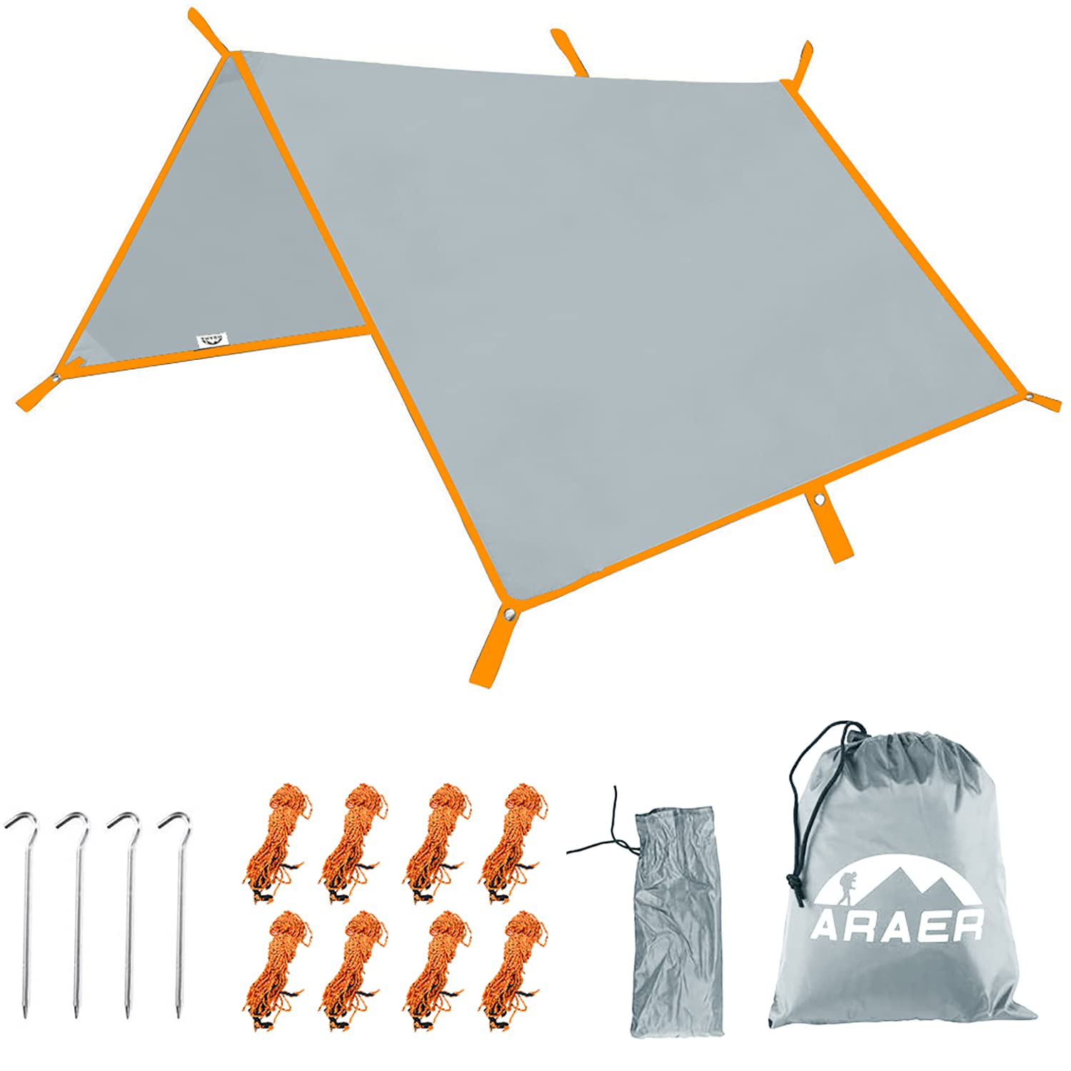 ARAER Camping Tent Tarp Hammock Rain Fly 3.3 lbs 3000 PU Waterproof Windproof Sunshade Hiking Backpacking Cycling Gear 4 Stakes 8 Ropes (Gray-10 x 15 Ft)