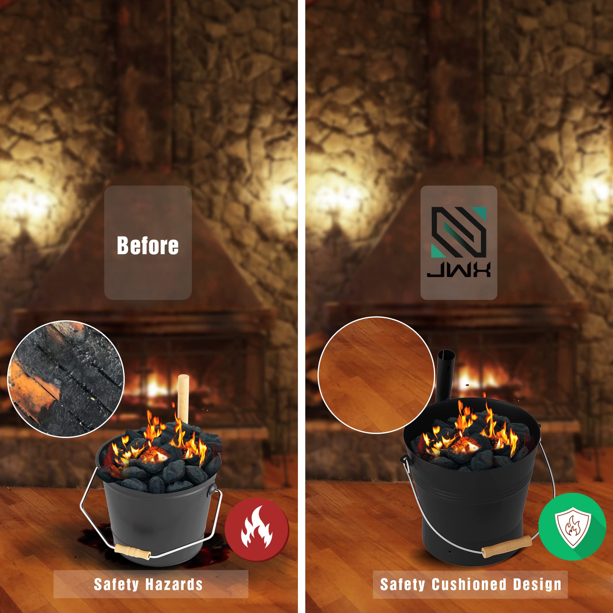 JWX Ash Bucket, Ash Set Keep Your Fireplace Clean and Safe Includes Shovel, Lid, Heat-Resistant Gloves, and Coconut Fiber Brush