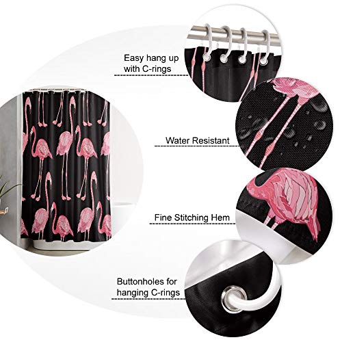 ANNAMALL Shower Curtains,Watercolor Pink Flamingo Pattern Black Background Cloth Shower Curtain for Bathroom,Shower Curtain Set with Curtain Hooks 48"x72"