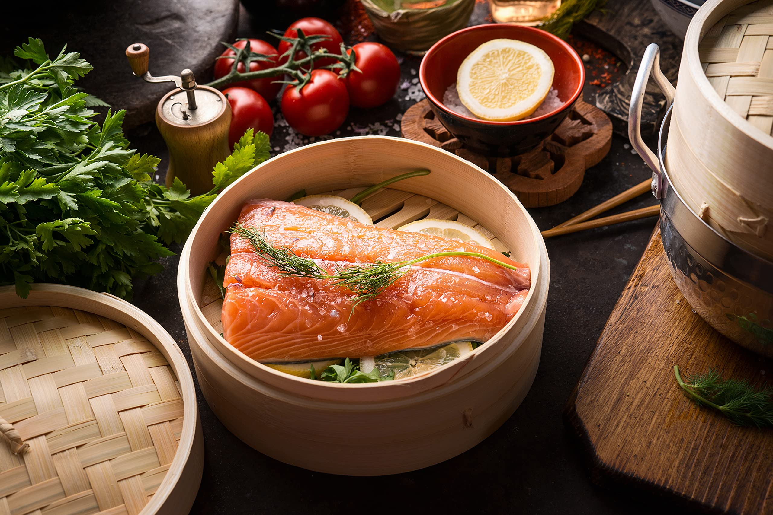 Bamboo Steamer for Cooking 10β -by DoSensePro Includes 2 Tiers, Stainless Steel Dumpling Maker, Liners, Ceramic Dish, and Bamboo Tongs. Dumpling Steamer Basket Cooker for Healthy Low-Fat Diet