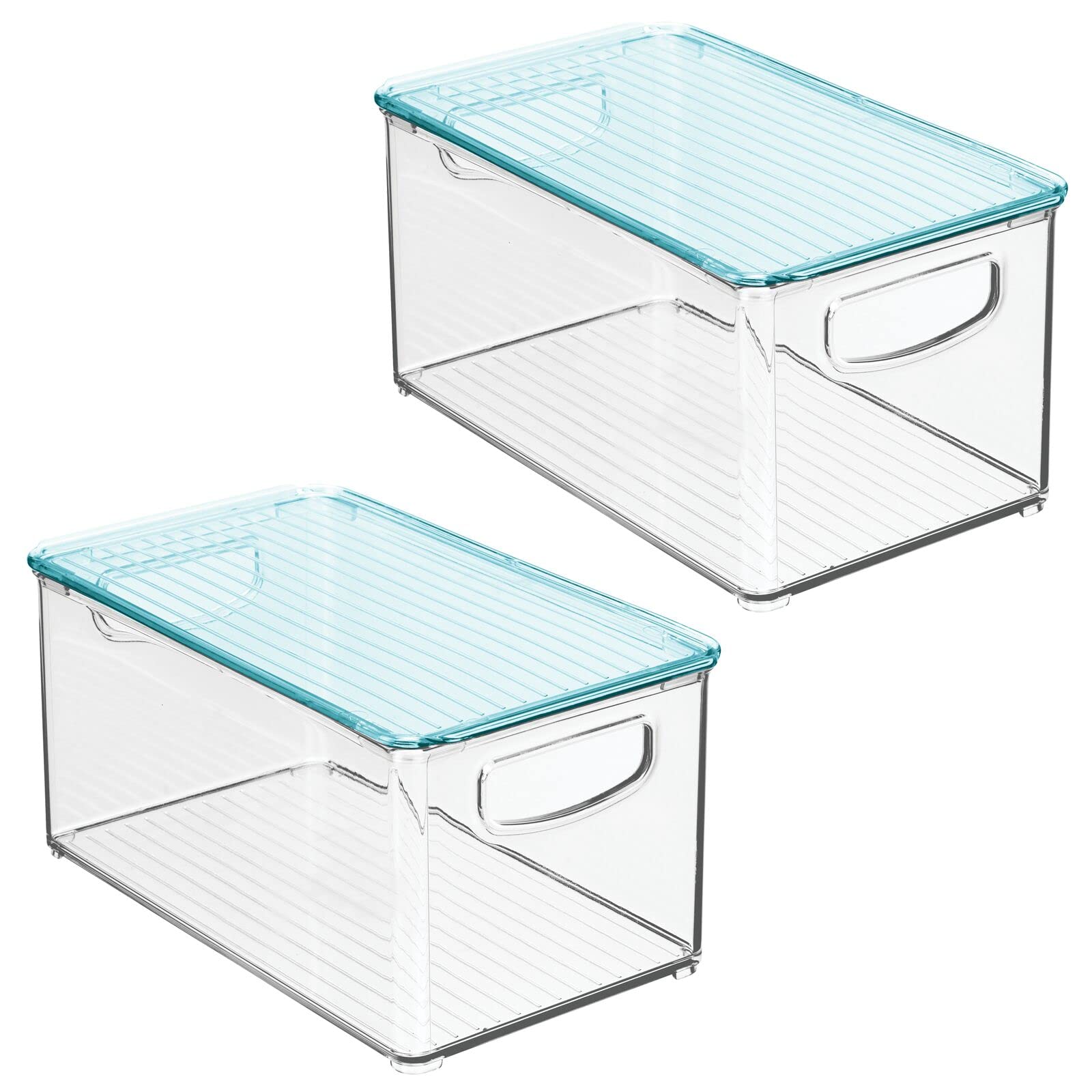mDesign Plastic Baby Storage Bin Box Organizer Container with Lid/Handles for Organizing Playroom, Nursery, Dresser - Holds Diapers, Baby Clothes, Wipes, Toys, Ligne Collection, 2 Pack, Clear/Blue
