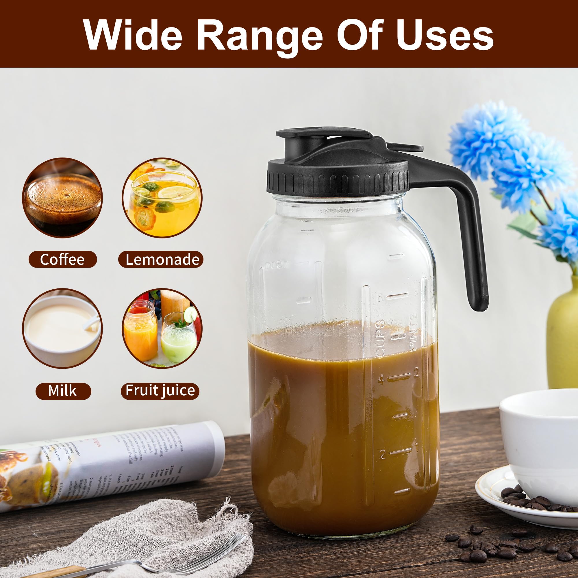 Behidiruch Cold Brew Coffee Maker Pitcher, 64 oz Iced Coffee Maker with Stainless Steel Filter and Pour Spout Handle Lid, Wide Mouth Thick Glass Mason Jar for Iced Coffee, Lemonade, Fruit Drinks