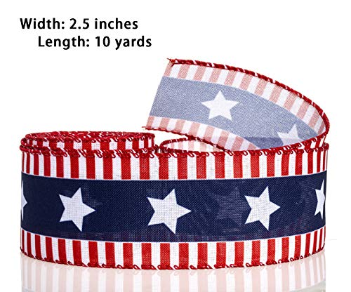 Red White Blue Stars and Stripes Wired Edge Ribbon, 10 Yards by 2.5 Inches (Style 2)