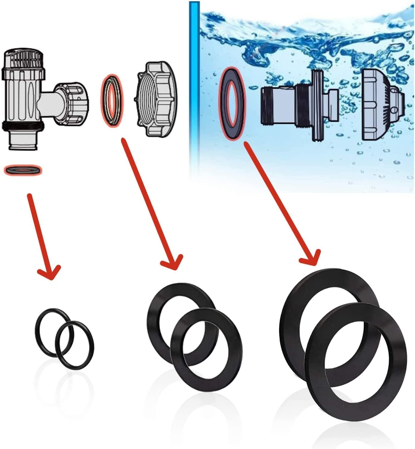 Bamkyait 25076RP Washer and Ring Kit for 1-1/2in Fittings, O-Ring Rubber Washer for Intex Pool Plunger Valves and Intex Replacement Gasket 10745, 10262 and 10255 (12 pcs)