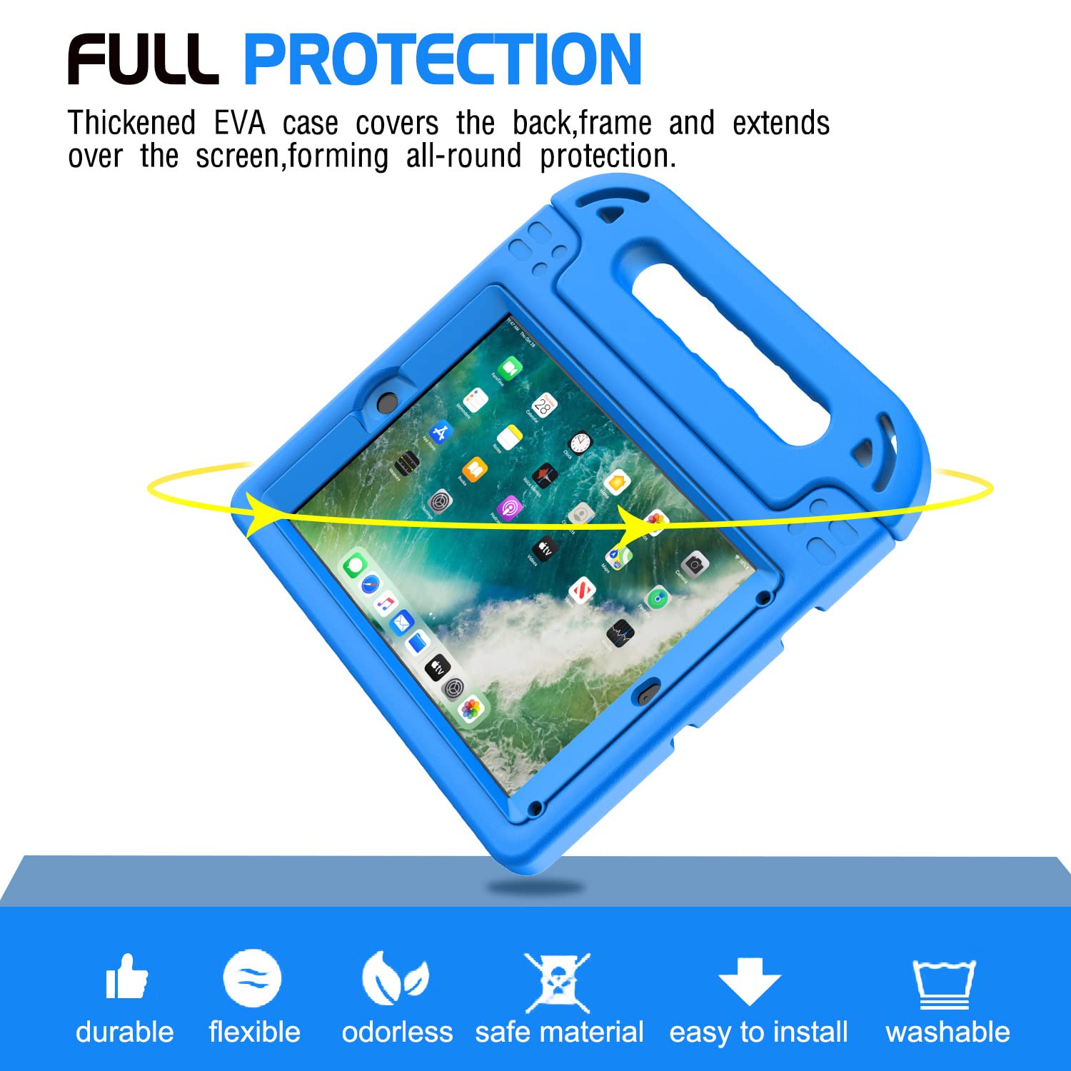AVAWO iPad 6th/5th Generation Kids Case, iPad 9.7 Case (2017/2018) & Air 2, Built in Screen Protector, Shockproof Handle Stand Kids Protective Case Cover for iPad 9.7 Inch 6th/5th Gen & Air 2, Blue