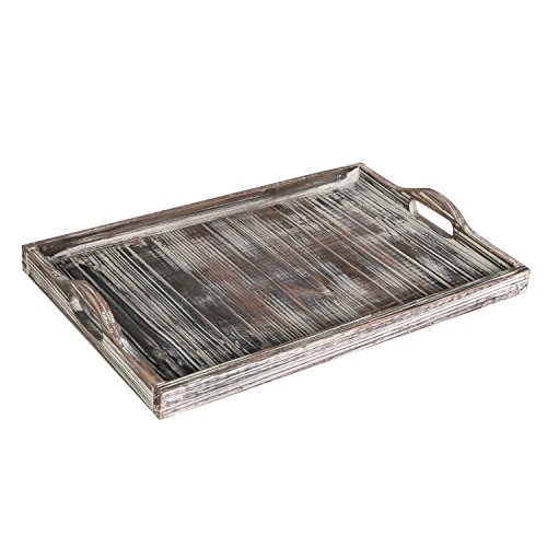 MyGift Rustic Torched Solid Wood Large Serving Tray with Cutout Handles with Slatted Design, Breakfast Ottoman Coffee Table Tray, 16 x 11 Inches
