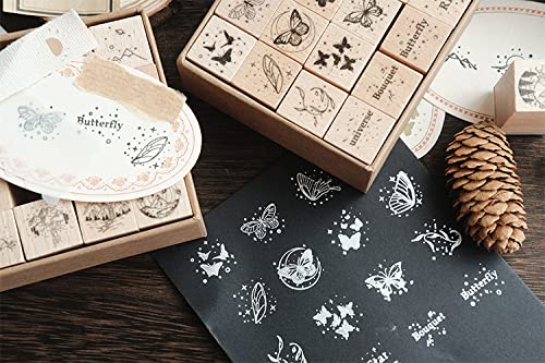 Cliocoo 16cs Wood Rubber Stamp Set, Moon&Star Decorative Wooden Stamp Set, Universe Planet Stamp for Art Craft, Journal, Diary, Scrapbook, Planner, Letter, Card Making M-26 (5-Butterfly)