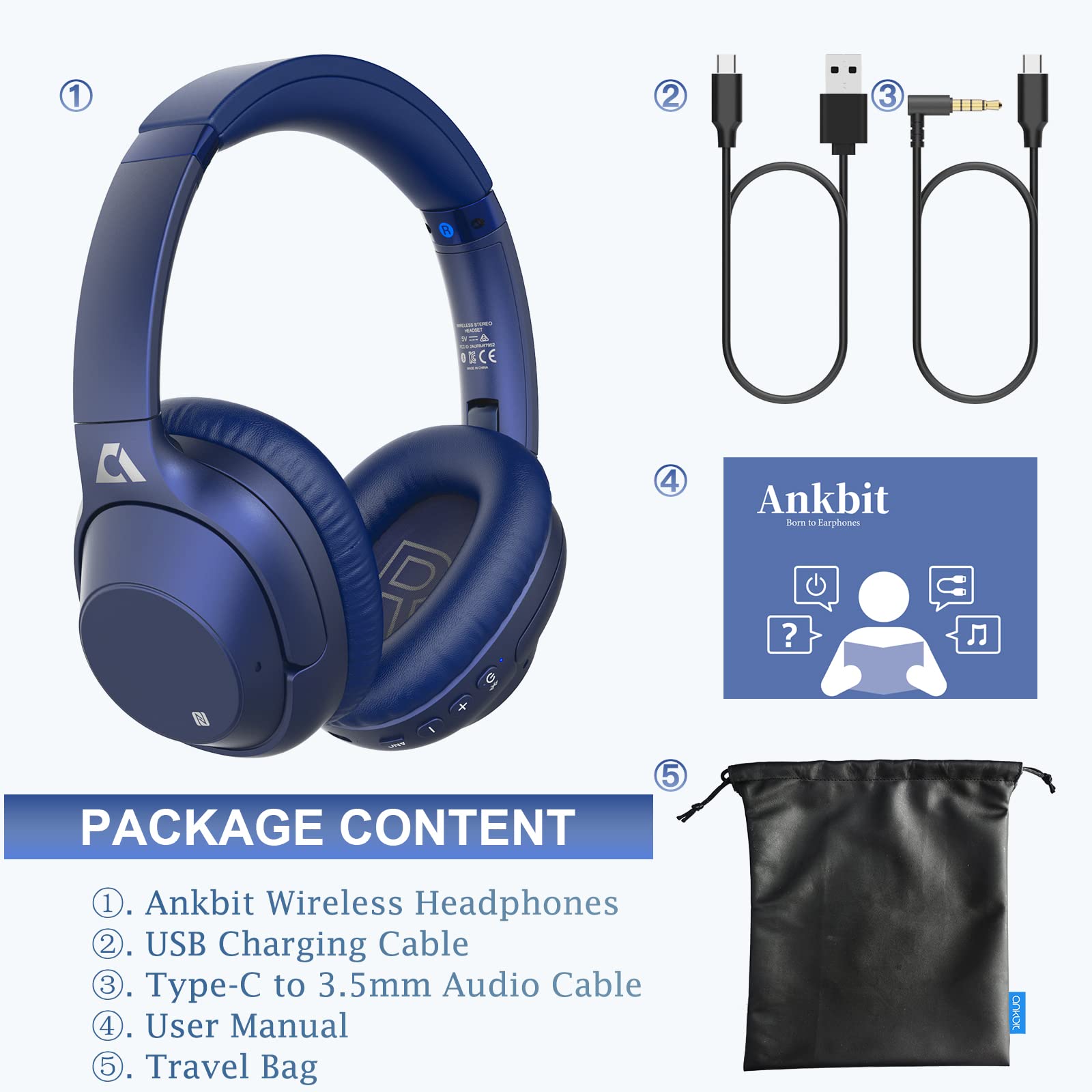Ankbit Bluetooth 5.2 Hybrid Active Noise Cancelling Headphones for Airplane Travel, Wired and Wireless ANC Over Ear Headphones, 75H Playtime, Bluetooth Headset with Mic for Adults, iPhone, Android
