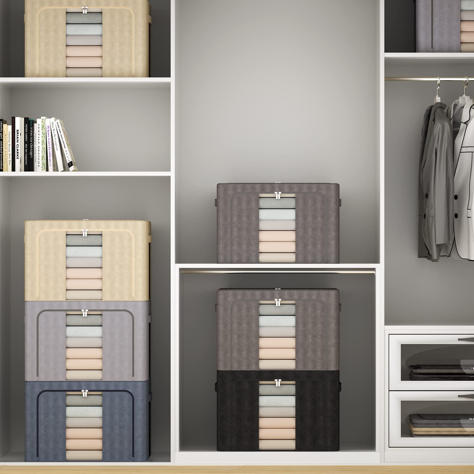 FHSQX Clothes Storage Organizer Bins- Stackable Storage Containers for Closet Foldable Storage Bins for Clothes with Clear Window & Carry Handles (Large-66L(19.7x15.7x12.6inch), Beige)