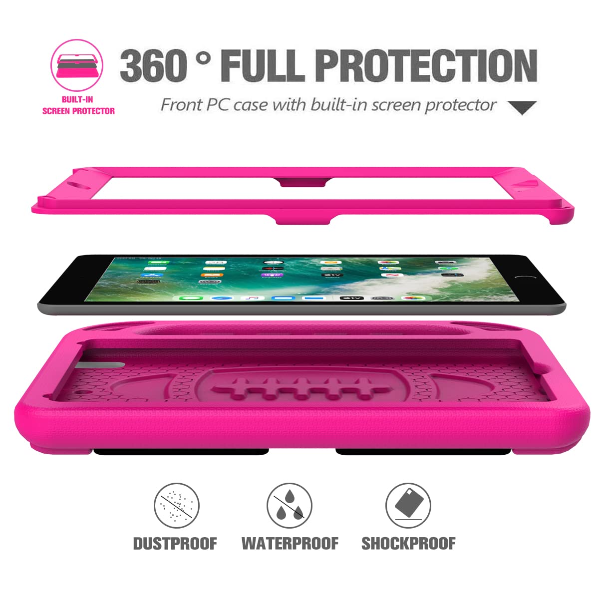 AVAWO Kids Case for iPad 6th/5th Generation, iPad 9.7 Inch 2018/2017 & iPad Air 2 Case, Built in Screen Protector, Shockproof Handle Stand Kids Case for 9.7-inch iPad 5th & 6th Gen & iPad Air 2, Rose