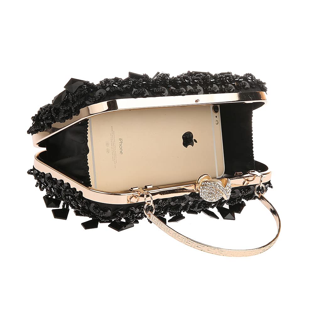 ASPHODELCHIC Women Sequins Rhinestone Evening Bag Beaded Crystal Bling Glitter Purse with Pearl Lock for Wedding Party (Black)