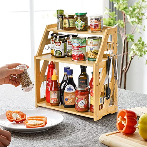 Bekith 3 Tier Bamboo Spice Rack Storage Shelves, Kitchen Countertop Organizer with Hooks, Standing Pantry Shelf, Adjustable Vanity Shelf Desk Bookshelf for Bedroom, Bathroom & Office