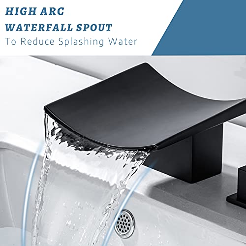 BANGPU Waterfall Bathroom Faucets, Modern Bathroom Sink Faucet 3 Holes Widespread Dual Handle Brass Basin Faucet Mixer Taps with Supply Hoses, Matte Black Vanity Sink Faucet