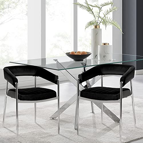 Bekrvio Dining Chairs Set of 2 Kitchen Dining Room Chairs with Arms and U-Shape Backrest, Mid Century Modern Living Room Accent Chair, Velvet Upholstered Kitchen Chairs with Metal Chrome Legs, Black