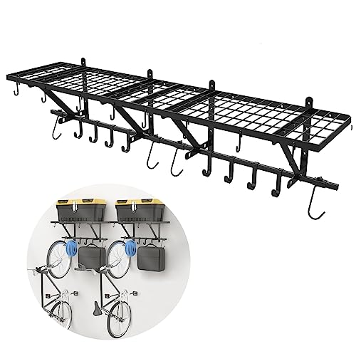 tonchean Garage Shelving Wall Mounted 2 Pack with Bike Hooks Garage Wall Shelves 14”x32“ Garage Floating Shelves Garage Storage Shelves Heavy Duty Wall Mount, 500lb Weight Capacity