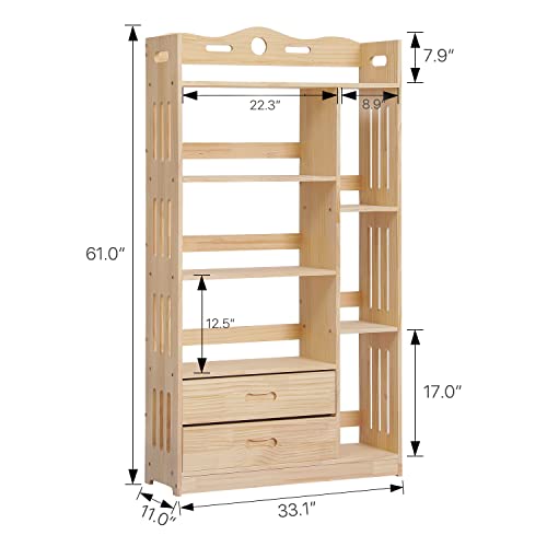 MoNiBloom 4 Tier Bookcase with Open Shelves and 2 Drawers, Large Modern Wood Heavy Duty Storage Display Stand Rack for Living Room, Natural
