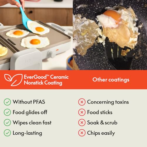 Bella 10"x 20" Ceramic Fold-n-Store Dual Temp Griddle, Fits-anywhere Kitchenware, EverGood Ceramic Nonstick Coating, 2 Temperature Zones up to 400°F, Dishwasher Safe Drip Tray, 1500 Watt, Oatmilk