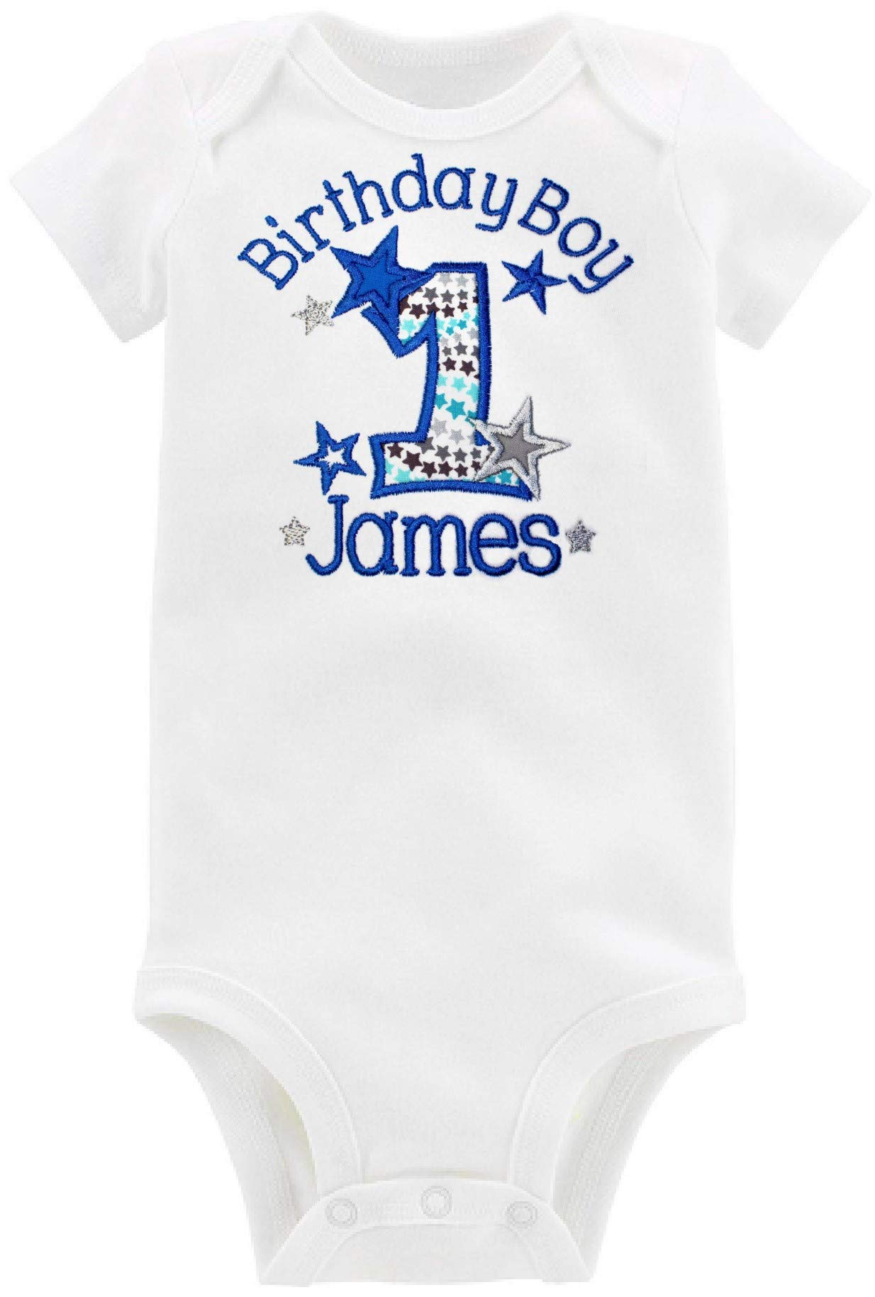 Fantasy Kids Designs First Birthday Boy Outfit Bodysuit Personalized with Custom Name (12 Months Short Sleeve, Royal Blue)