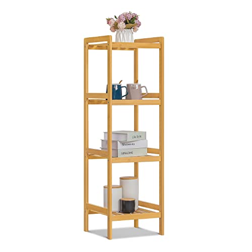 MoNiBloom Bamboo Bookcase 4 Tier Corner Standing Storage Bookshelf Kids Open Shelf Organizer Display Rack Table for Bathroom Bedroom Office, Natural