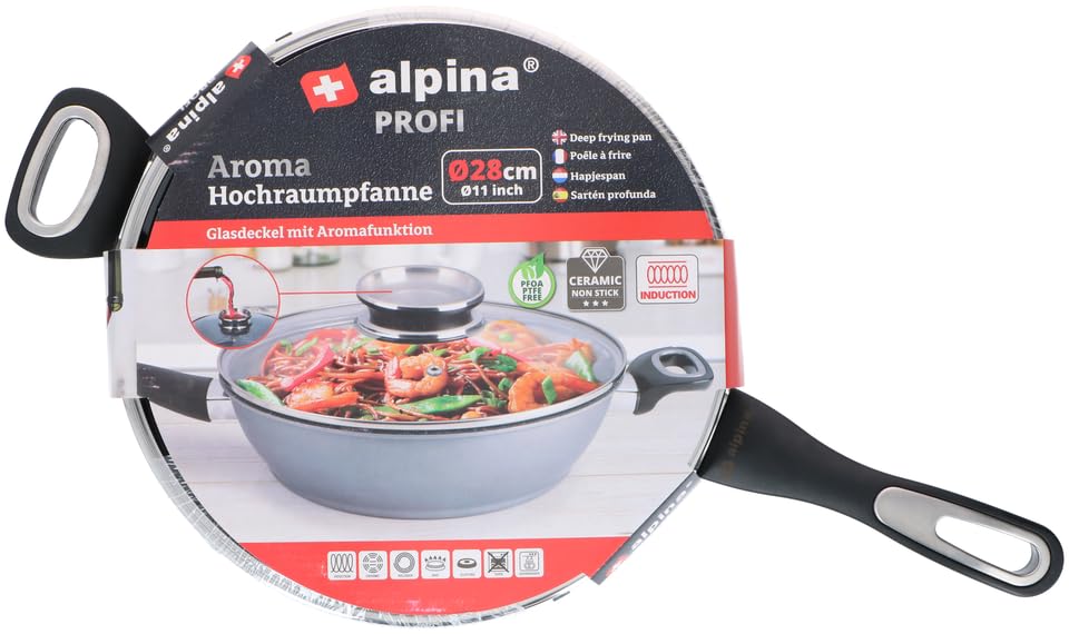 alpina Casserole – Diameter 28 cm – Frying Pan with Glass Lid – Non-Stick Coating – All Hob Types – Aluminium